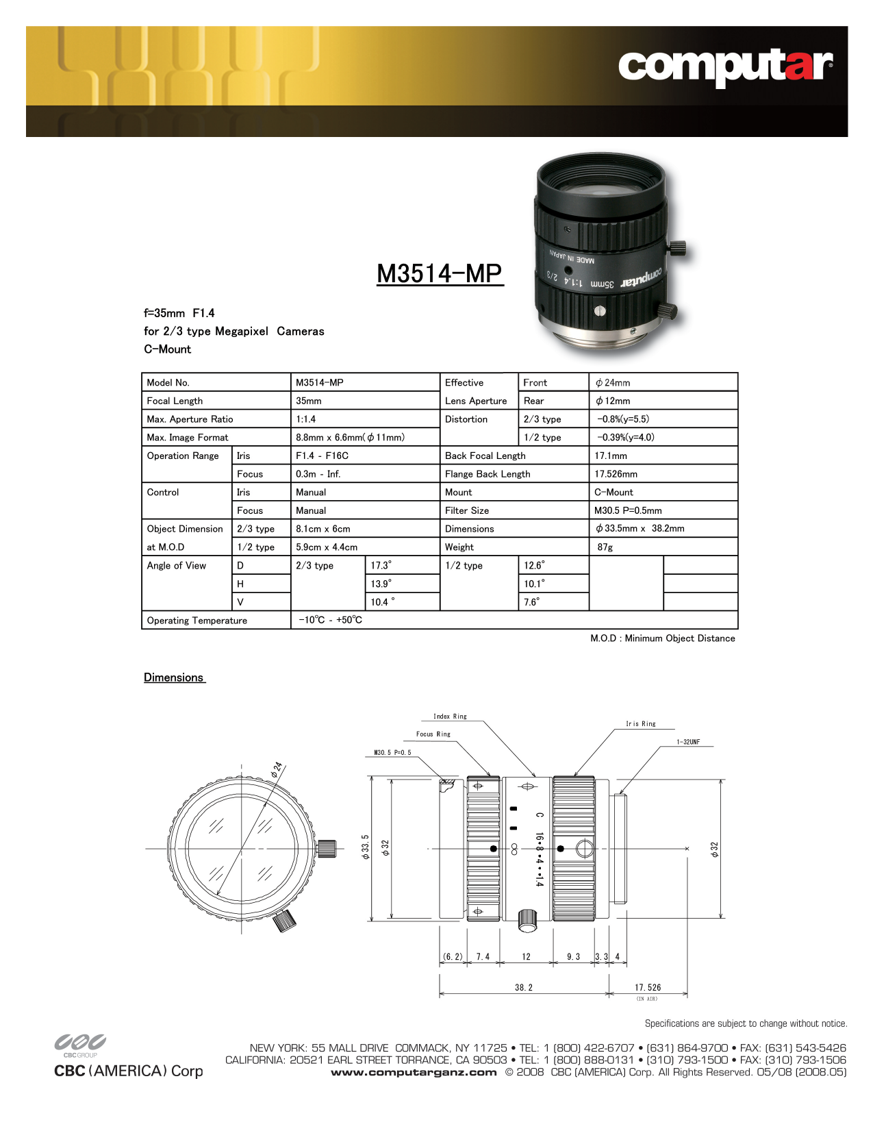 Basler Lens Computar M3514-MP F1.4 f35mm 2/3" Data Sheet | Manualzz