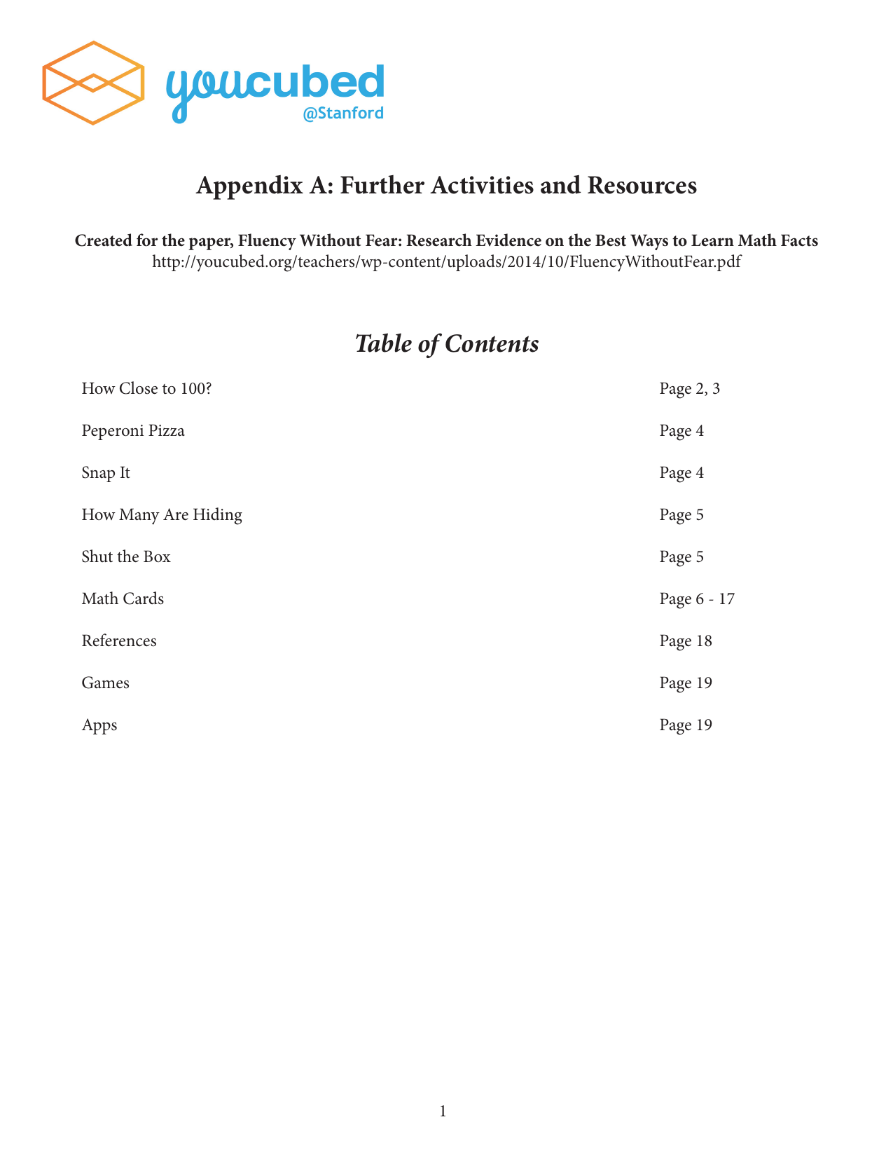 table of contents with appendix