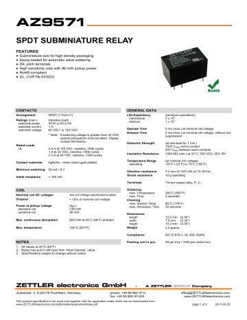 AZ9571 SPDT Subminiature Relay Datasheet | Manualzz
