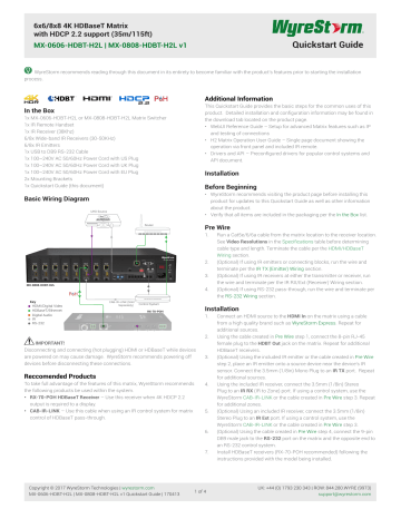 WyreStorm HDBaseT Matrix MX-0606-HDBT-H2L, MX-0808-HDBT-H2L Quickstart Guide | Manualzz