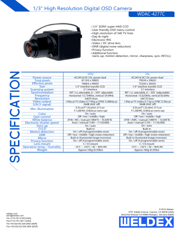 Weldex WDAC-4277C 1/3" High Res Digital OSD spetsifikatsioon | Manualzz