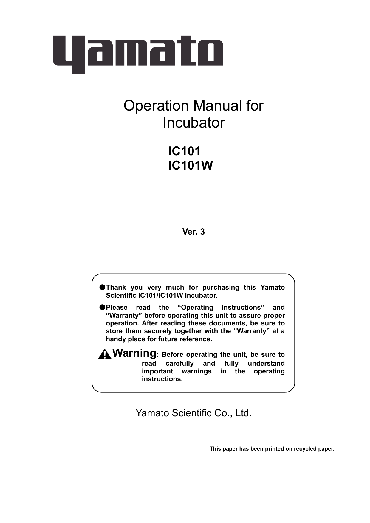 Yamato IC101/100W Incubator Operation Manual | Manualzz