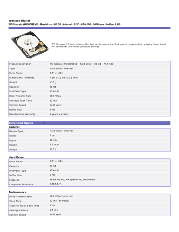 Western Digital WD Scorpio WD800BEVE datasheet | Manualzz