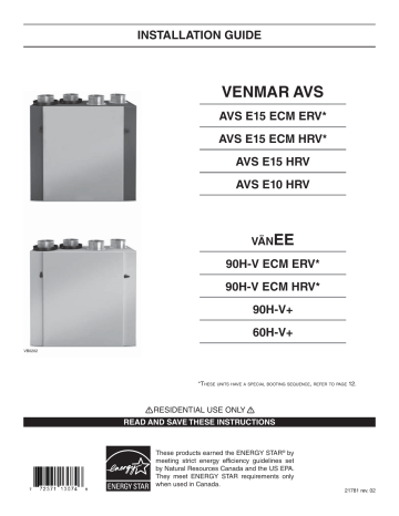 Venmar 60H-V+, 90H-V+, AVS E10 HRV, AVS E15 HRV Installation Manual ...