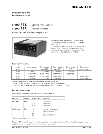 Hengstler signo 723.1 Supplement To Operating Instructions | Manualzz