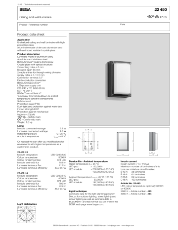Bega 22 450 K4 Ceiling and wall luminaire Data Sheet | Manualzz