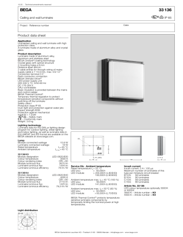 Bega 33 136 K4 Ceiling and wall luminaire Data Sheet | Manualzz