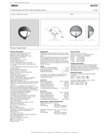 Bega 24 572 W K4 Wall luminaire Data Sheet | Manualzz