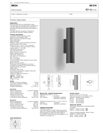 Bega 66 516 W K4 Wall luminaire Data Sheet | Manualzz