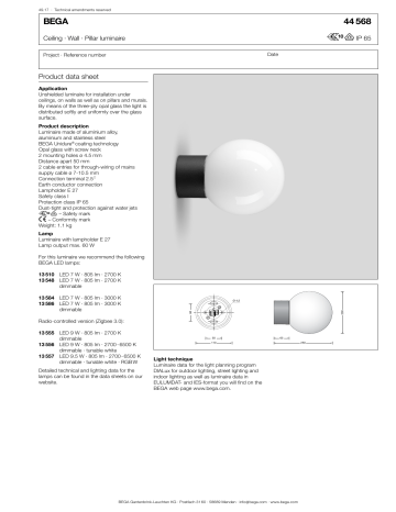 Bega 44 568 K3 Ceiling, wall and pillar luminaire Data Sheet | Manualzz