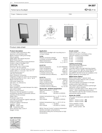 Bega 84 207 K4 Performance floodlight Data Sheet | Manualzz