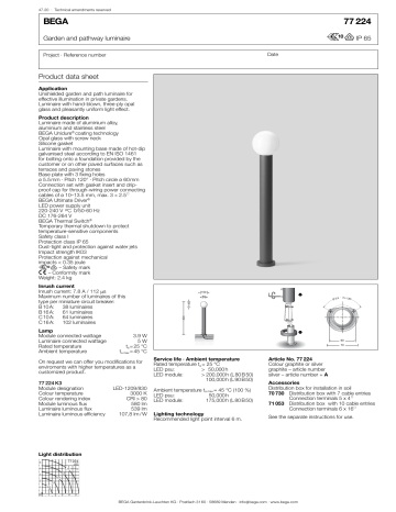 Bega 77 224 K3 Garden and pathway luminaire Data Sheet | Manualzz