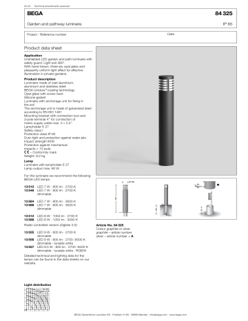 Bega 84 325 K3 Garden and pathway luminaire Data Sheet | Manualzz