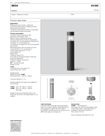 Bega 84 080 K3 Bollard Data Sheet | Manualzz