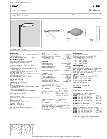 Bega 77 520 K4 Pole top luminaire Data Sheet | Manualzz