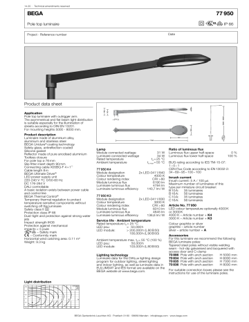 Bega 77 950 K4 Pole top luminaire Data Sheet | Manualzz