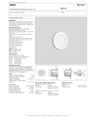 Bega 50 116.1 K3 Recessed wall luminaire Data Sheet | Manualzz
