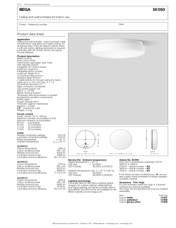 Bega 50 050 K4 Ceiling and wall luminaire Data Sheet | Manualzz