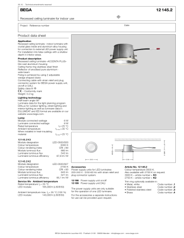 Bega 12 145.2 K3 Recessed ceiling luminaire Data Sheet | Manualzz