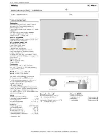Bega 50 370.4 K3 LED recessed ceiling luminaire Data Sheet | Manualzz