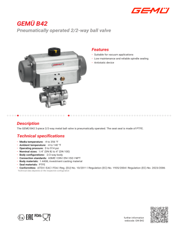 Gemu B42 Pneumatically operated 2/2-way ball valve Datasheet | Manualzz