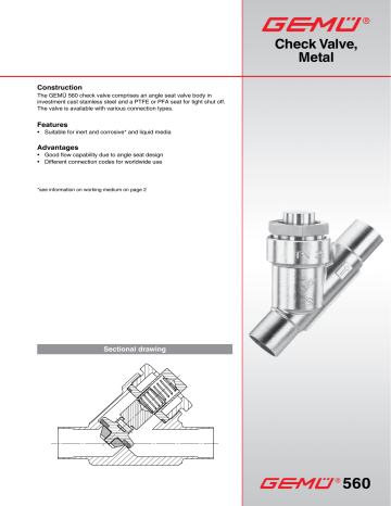 Gemu 560 Check valve, angle seat design Datasheet | Manualzz