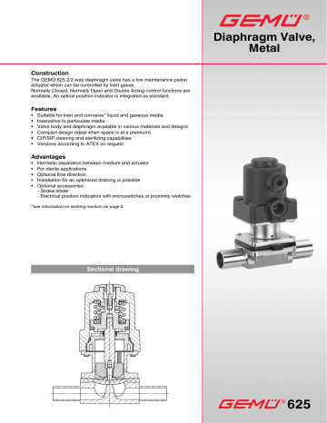 Gemu 625 Pneumatically operated diaphragm valve Datasheet | Manualzz