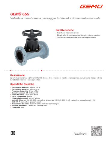 Gemu 655 Manually operated full bore diaphragm valve Scheda dati | Manualzz