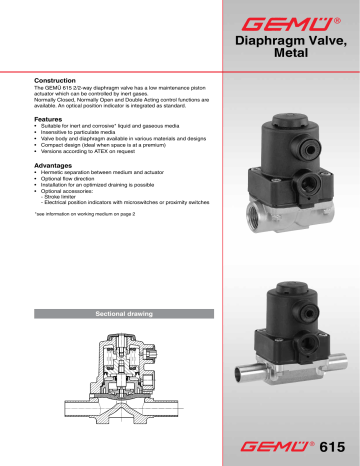 Gemu 615 Pneumatically operated diaphragm valve Datasheet | Manualzz