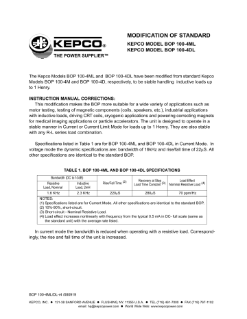 Kepco BOP 100-4ML, BOP 100-4DL Owner's Manual | Manualzz