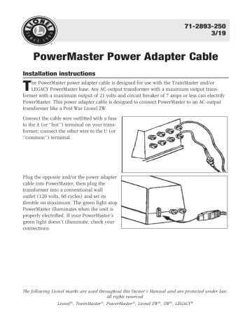 Lionel PowerMaster Power Adapter Cable 5/19 Owner's Manual | Manualzz