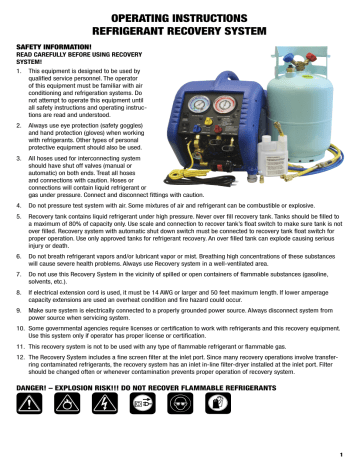 Mastercool 69100 COMPLETE A/C RECOVERY SYSTEM Instructions | Manualzz