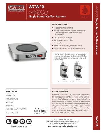 Waring WCW10 Single Burner Coffee Warmer Spec Sheet | Manualzz