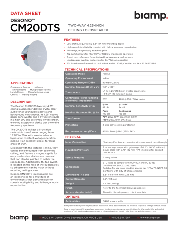 Biamp Desono CM20DTS Ceiling Loudspeaker Data Sheet | Manualzz