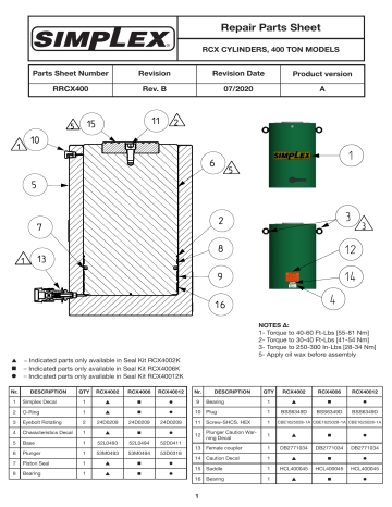 Simplex RCX Cylinders, 400 ton models Repair Part Sheet | Manualzz