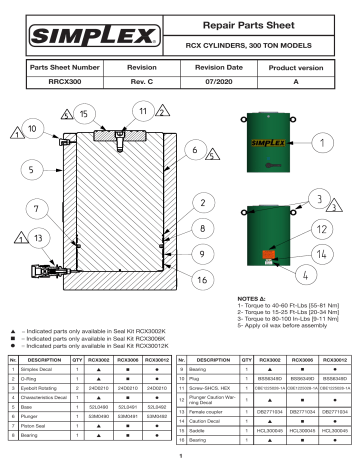 Simplex RCX Cylinders, 300 ton models Repair Part Sheet | Manualzz
