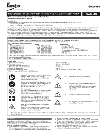 Hawker EnerSys Perfect Plus Water Less ATEX Instructions | Manualzz
