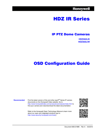 Configuring Camera Settings Using the OSD. Honeywell HDZ302LIK | Manualzz