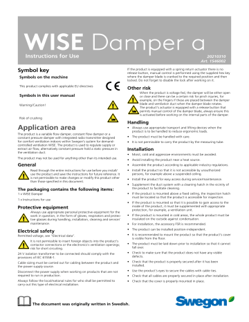 Swegon WISE Damper a Instructions for use | Manualzz