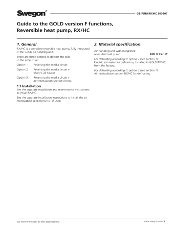 Swegon GOLD RX/HC Reversible heat pump Instructions | Manualzz