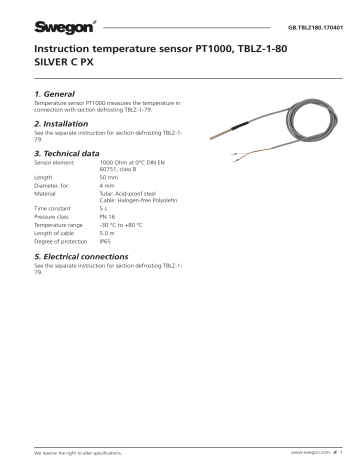 Swegon TBLZ-1-80 Temperature sensors PT100 Instructions | Manualzz