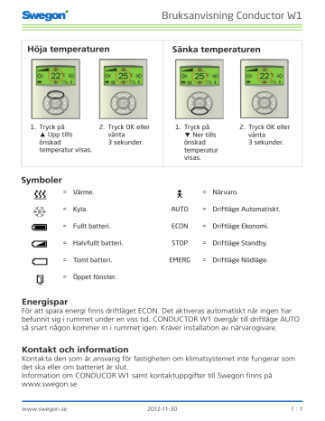 Swegon CONDUCTOR W1 Bruksanvisningar | Manualzz