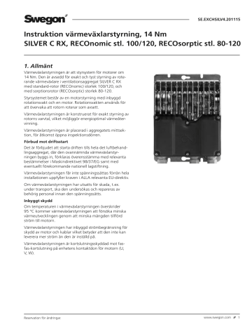 Swegon SILVER C RX Värmeväxlarstyrning Bruksanvisningar | Manualzz