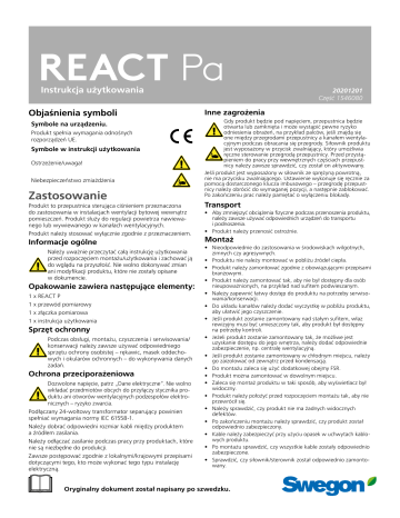 Swegon REACT Pa Instrukcja obsługi | Manualzz