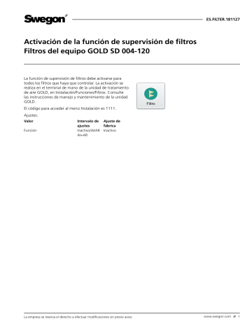 Swegon GOLD SD Filtros Instrucciones de operación | Manualzz