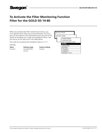 Swegon GOLD SD Filter Instructions | Manualzz