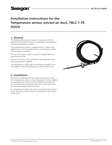 Swegon TBLZ-1-76 Temperature sensor Installation instructions | Manualzz