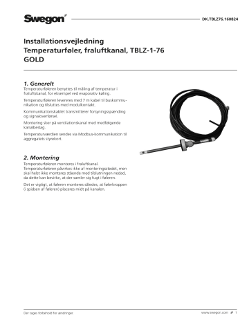 Swegon TBLZ-1-76 Temperature sensor Betjeningsvejledning | Manualzz