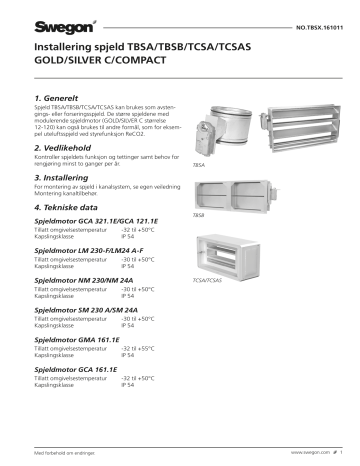 Swegon TBSA/TBSB/TCSA Damper Betjeningsvejledning | Manualzz