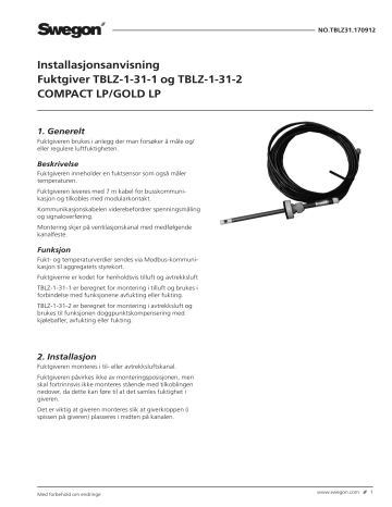 Swegon TBLZ-1-31-1/2 Humidity sensor Betjeningsvejledning | Manualzz